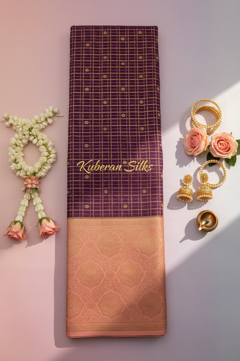 Purple and Peach Kanchipuram Silk Saree with Gold Zari - Kuberan Silks