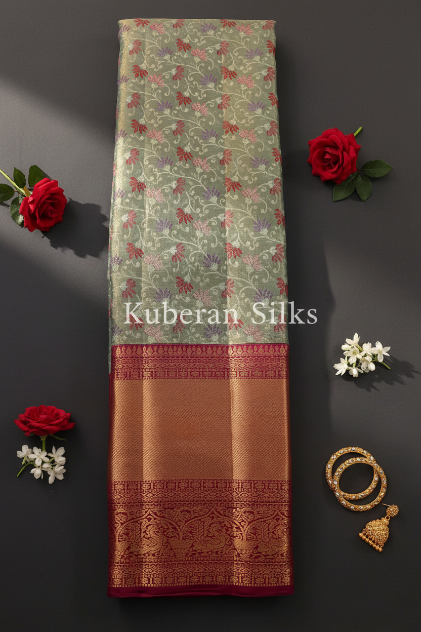 Sage Green and Maroon Kanchipuram Silk Saree with Gold Zari - Kuberan Silks