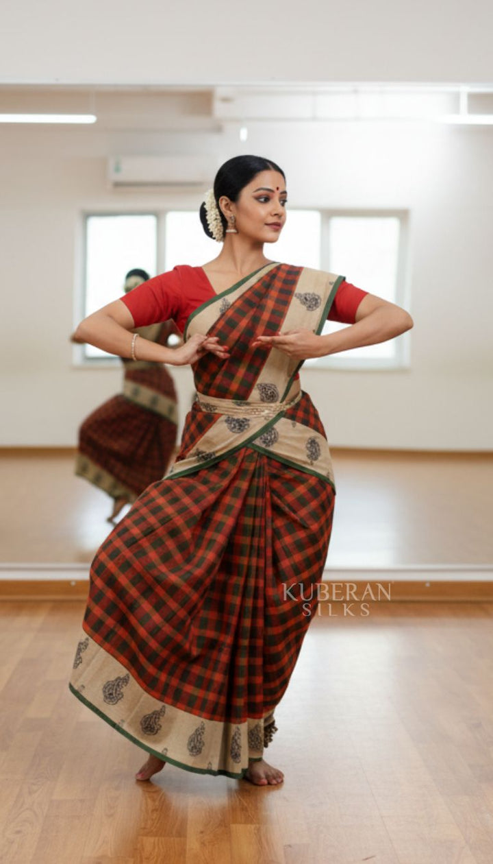 Red and Beige Checkered Dance Practice Saree | Kuberan Silks